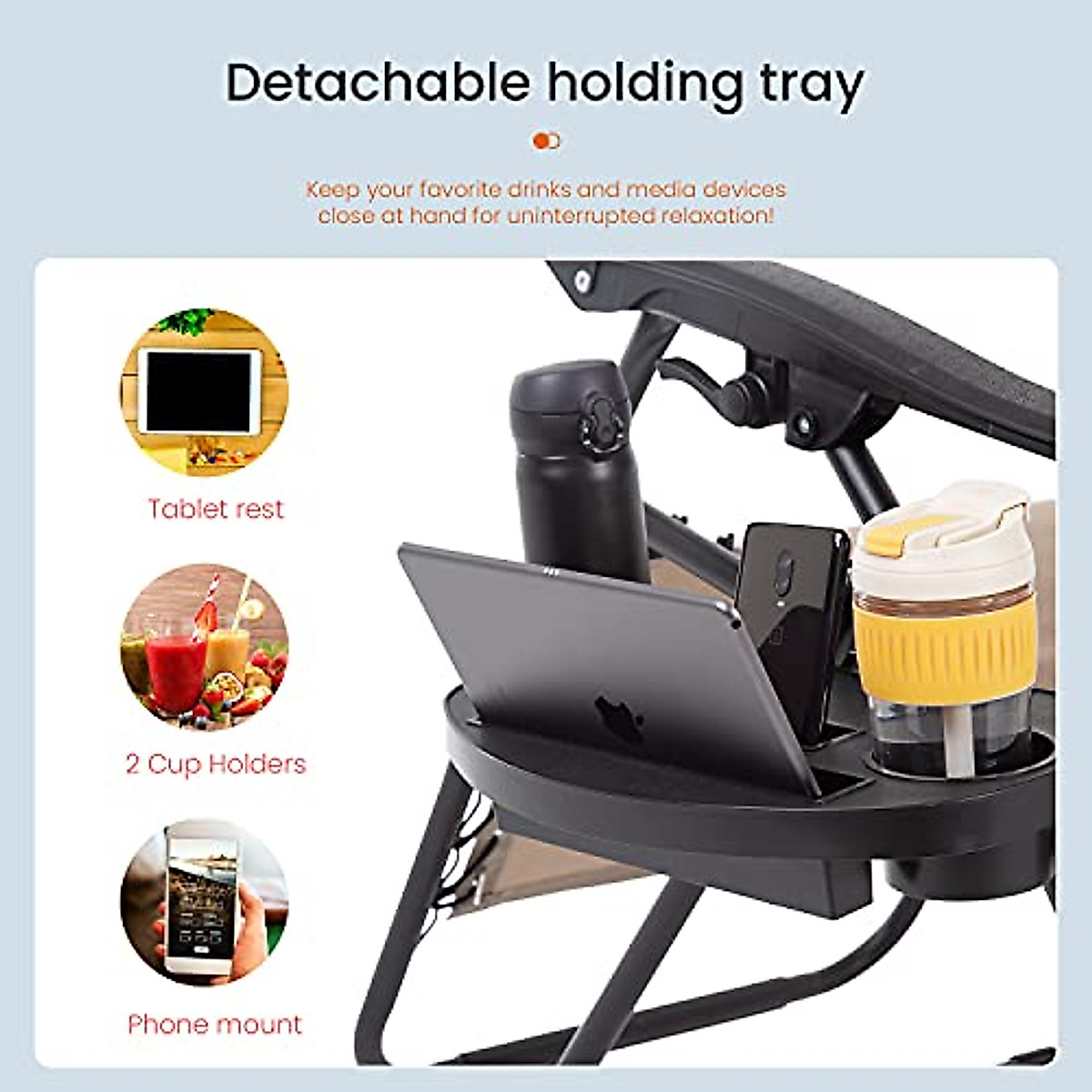 FDW Zero Gravity Chair,Zero Gravity Lounge Chair,1 Pack Folding Lawn Chair Adjustable Reclining Patio Chairs with Pillow and Side Table for Pool Yard with Cup Holder (Tan)