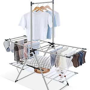 APEXCHASER Clothes Drying Rack, Foldable 2-Level Drying Racks with High Hanger, Metal Laundry Stand with Height-Adjustable Gullwings