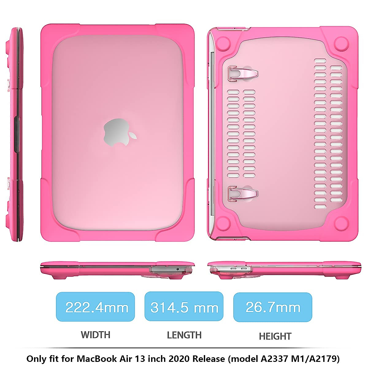 CISSOOK Heavy Duty Shockproof Case with Kickstand for MacBook Air 13 inch 2021-2018 Release Model A2337 M1 A2179 A1932 with Touch ID, Dual Layer Hard Shell, Rose Red
