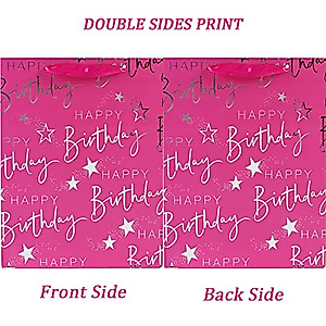 Elephant-package Paper Gift Bag Silver Metallic Happy Birthday Printed, Large Gift Bag for Kids Girls Birthday (12.6" Pink)