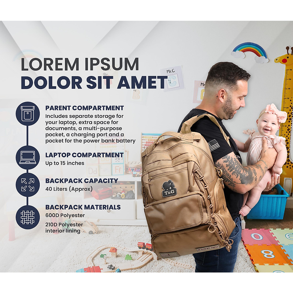 Toddlers And Gunners Dad Diaper Bag, With Diaper Changing Mat, USB Port & Laptop Compartment. Diaper Bag Backpack with Straps for Stroller. Large Diaper Bag for men and women (Coyote Brown)