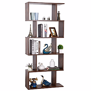 Epetlover 5 Tier Bookshelf S-Shaped Geometric Bookcase Wooden Floor Standing Open Shelf Bookshelves Display Storage Shelf & DVD Shelves for Living Room Bedroom Office, Rustic Brown
