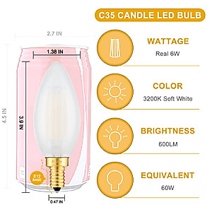 CRLight 6W Dimmable LED Candelabra Bulb 3200K Soft White, 60W Equivalent 600LM, E12 Base LED Filament Light Bulbs, Antique Edison B11 Candle Frosted Glass Chandelier Bulbs, Pack of 8