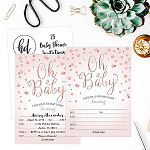 25 Blush Rose Gold Girl Oh Baby Shower Invitations, Cute Princess Printed Fill or Write In Blank Invite, Printable Shabby Chic Unique Custom Vintage Coed Twin Sprinkle Party Card Stock Paper Supplies