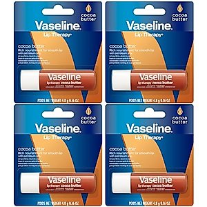 Vaseline Lip Therapy Cocoa Butter, Fast-Acting Nourishment, Ideal for Chapped, Dry, or Cracked Lips, Lip Balm Stick, 0.16 Oz (Pack of 4)