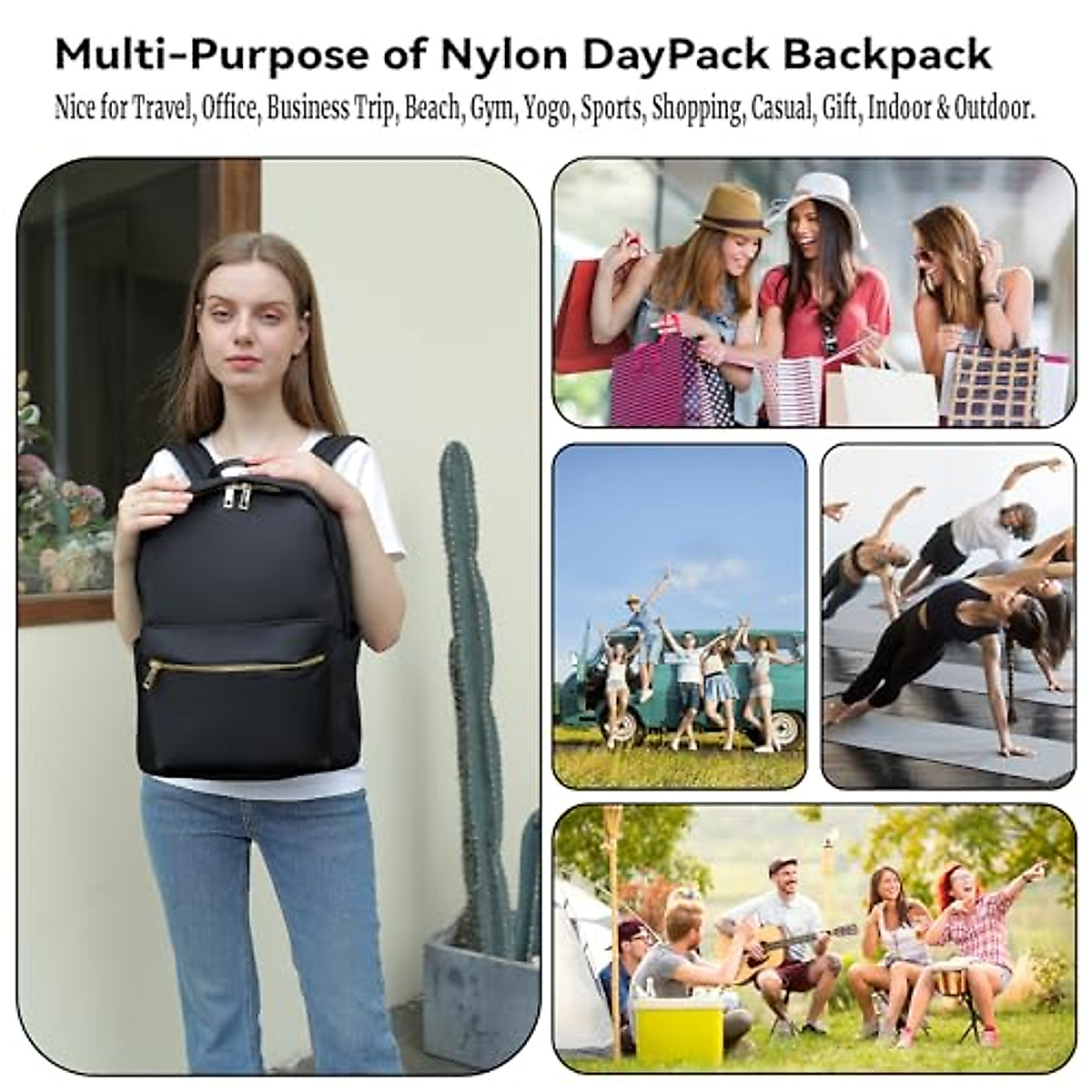 YogoRun Simple Backpack Nylon Light-weight Backpack Black Nylon Backpack for Women Casual Daypack Backpack Carry on Backpack (Black)
