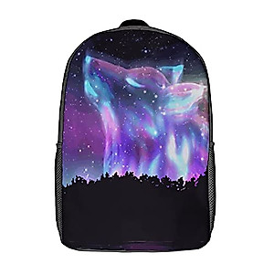 ONE TO PROMISE Neon Wolf School Backpack Watercolor Neon Forest Wolf at Starry Sky Bookbags Adjustable Travel Daypack Water Resistant Shoulders School Bag for Womens Mens Teens Boys Girls