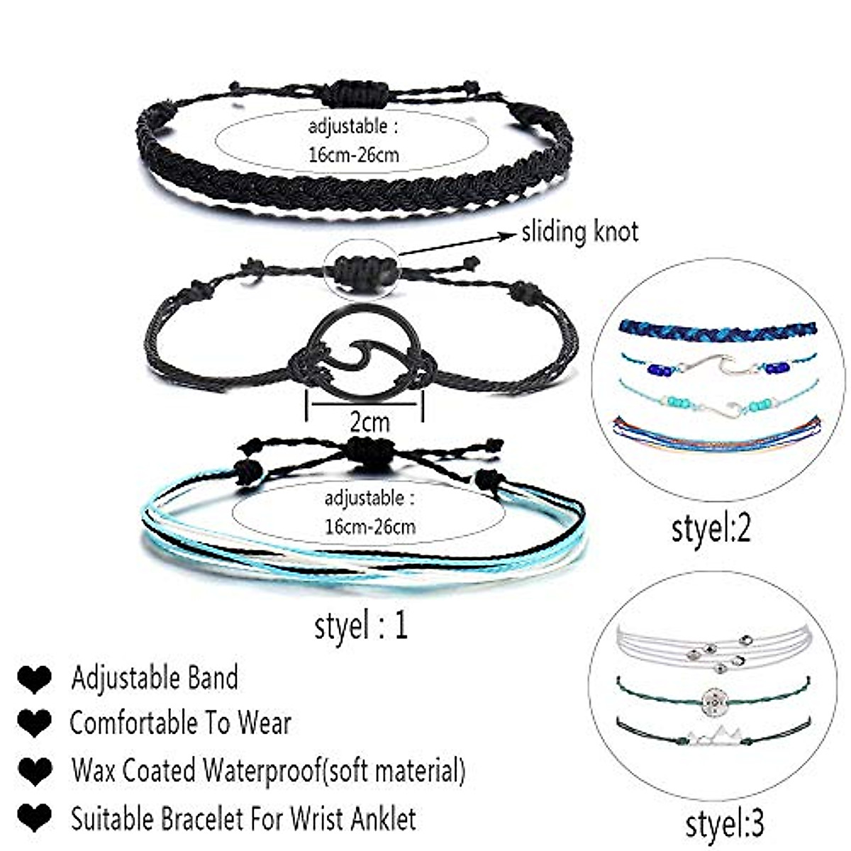 Long tiantian Wave Bracelets for Teen Girls Cute Boho Braided String Beach Ocean Bracelet for Women Summer Jewelry Gift (O)