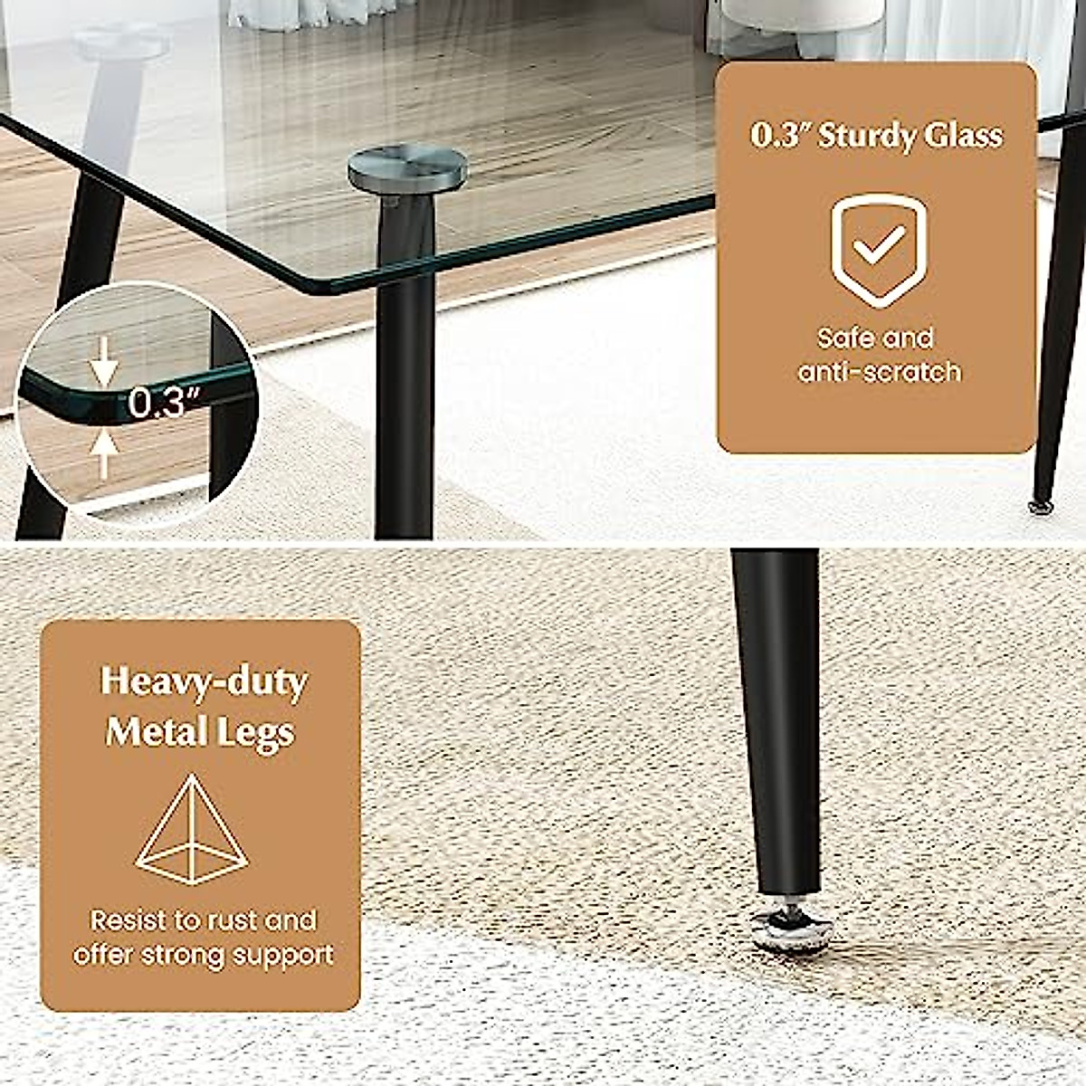 Tangkula Glass Dining Table, Modern Rectangular Table with Tempered Glass Tabletop & Black Steel Legs, Simplistic Kitchen Table, 51 x 27.5 x 29.5 Inch, Versatile Table for Home Office