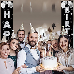 Black White Silver Birthday Door Banner Decorations for Men Women, Black Silver Happy Birthday Porch Sign Party Supplies, 16th 21st 30th 40th 50th 60th 70th 80th 90th Birthday Backdrop Decor