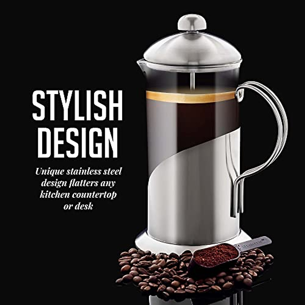 OVENTE French Press Coffee Maker 20 Ounce, 4 Level Stainless Steel Filter System, Borosilicate Heat Resistant Glass Carafe with Free Measuring Scoop, Silver FSL20S