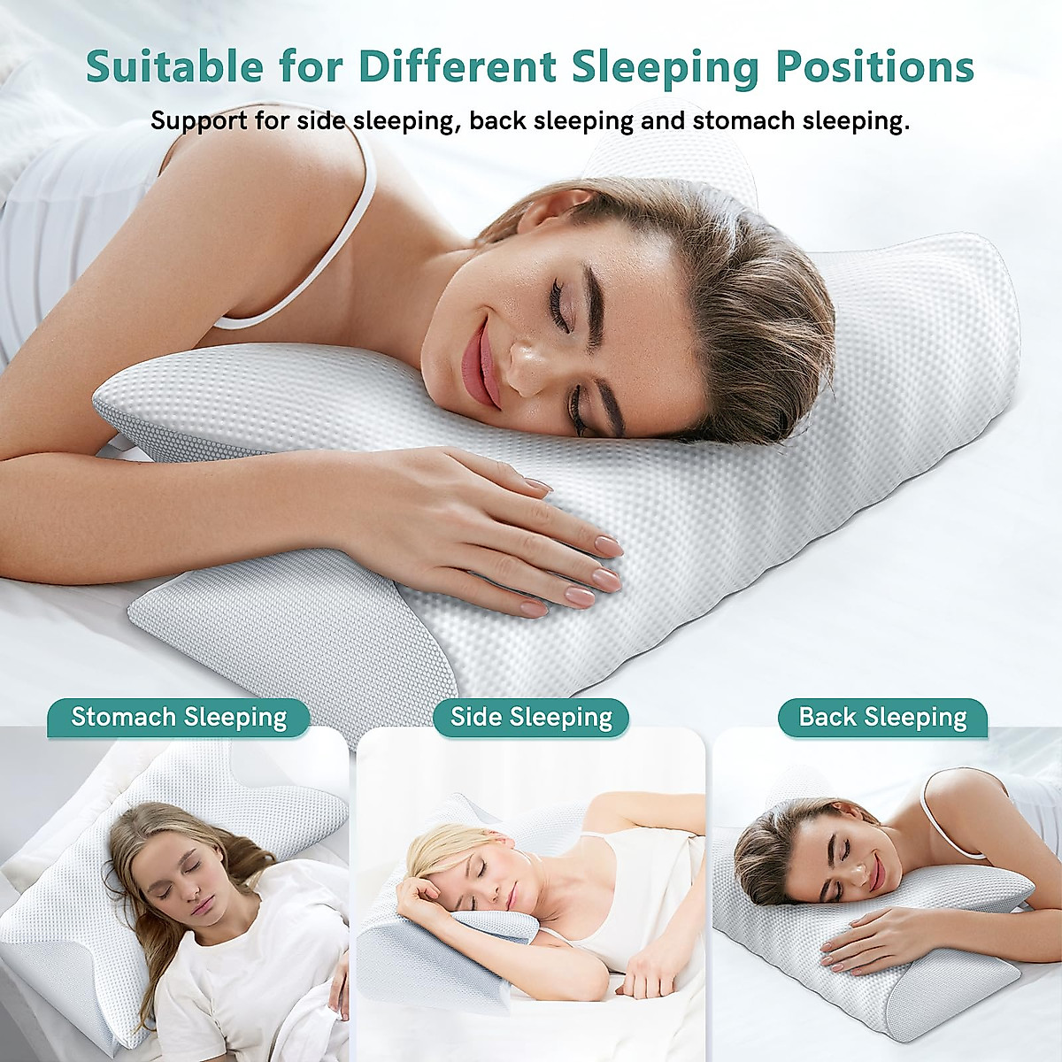 TailsUp Cervical Neck Pillow, Neck Pillows for Pain Relief, Orthopedic for Sleeping with Cooling Pillowcase, Bed Support for Side, Back, Stomach Sleeper