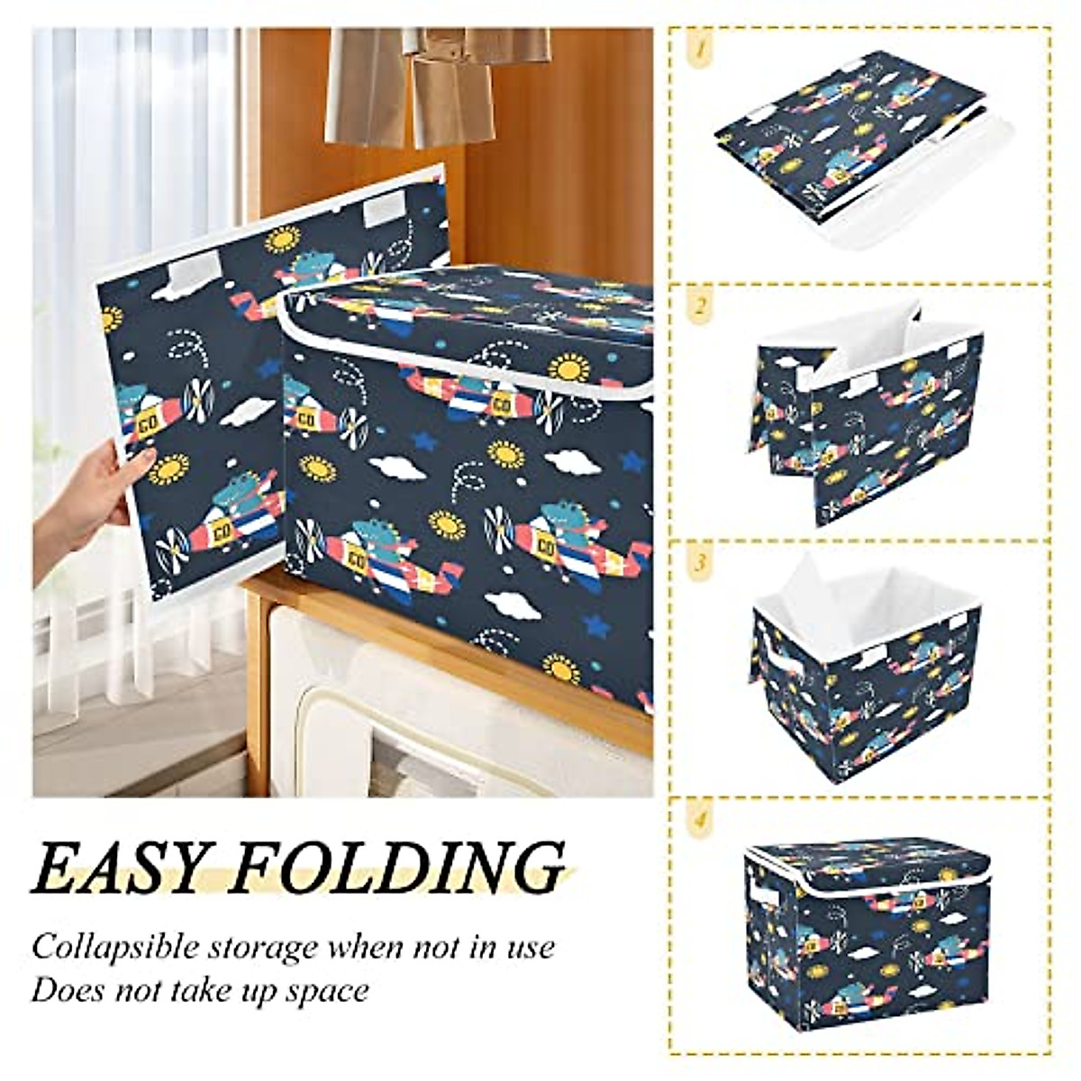 Krafig Cartoon Animal Dinosaur Foldable Storage Box Large Cube Organizer Bins Containers Baskets with Lids Handles for Closet Organization, Shelves, Clothes, Toys