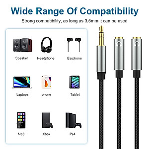 Toxaoii 3.5mm Headphone Jack Splitter Cord, 3.5mm Male to 2 Female Extension Cable Headphone Jack Adapter, 3.5mm Stereo Audio Y Splitter Cable Compatible with Phone, smartphone, laptop, Xbox, PS4
