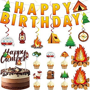 52 Pcs Camping Birthday Party Decorations, Happy Camper Party Hanging Swirls Ceiling Decor Happy Birthday Banner Camping Cupcake Toppers Campfire Centerpiece for Kids Birthday Baby Shower Supplies