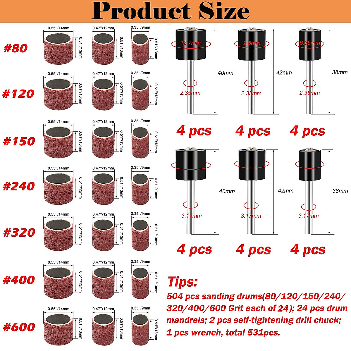 Sunxeke 531 Pcs Sanding Drum Set, Drum Sander Sleeves 80/120/240/320/400/600 Grit Each of 24 Pcs, 24Pcs Drum Mandrels diameters, 2Pcs Self-Tightening Drill Chuck, Wrench 1Pc, Dremel Rotary Tool