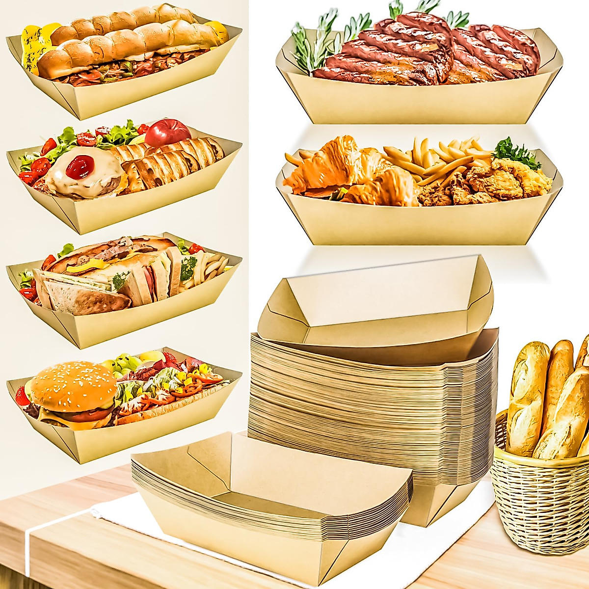 MotBach 50 Pack 5LB Extra Large Paper Food Boats Trays Disposable Paper Boats, Heavy Duty Food Boats, Paper Food Serving Tray Boat Basket for Snacks Sandwich Burgers Popcorns Tacos BBQ Fries Nachos