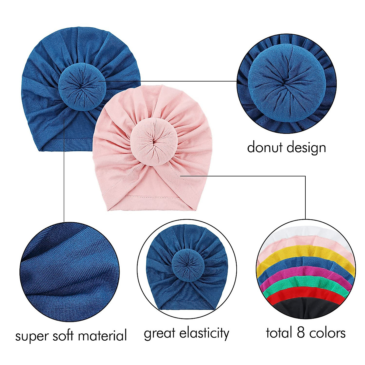 8 Pack Solid Green Blue Red Pink Gray Large Donut Ball Knot Bow Cotton Beanie Turban Hat Cap India Muslim Islamic Headwrap Winter Hospital Nursery for Newborn Baby Girl Infant Toddler Kids