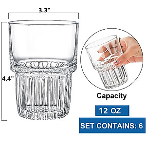 DEAYOU 6 Pack Drinking Glasses Set, 12 OZ Clear Striped Iced Tea Water Glass Cup, Stackable Rocks Glasses, Thick Tempered Glass Tumbler with Heavy Base for Juice, Milk, Cocktail, Spirits, Daily Use