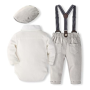 SALNIER Baby Boy Dress Suit Clothes Sets Infant Tuxedo Gentleman Suits Outfits Bowtie Shirt Suspenders Pants Beret Hat 0-24M(Gray 2,12-18 Months)