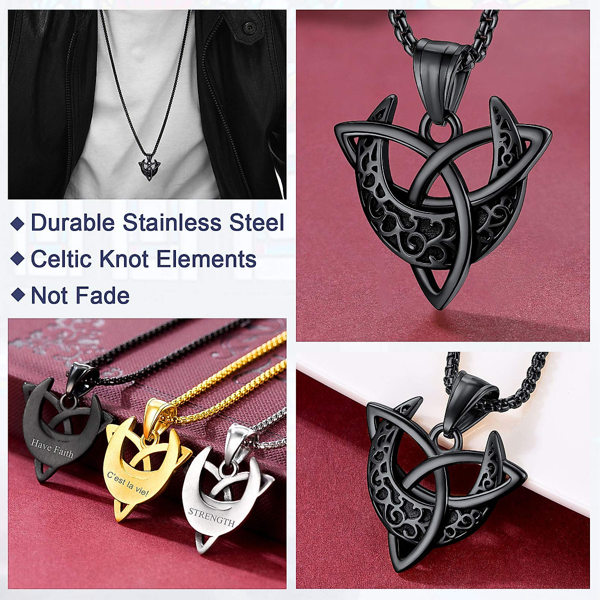 FaithHeart Celtic Triquetra Moon Necklaces, Feminism Goddess Trinity Knot Pendant Necklace Triple Moon Pendant Charms Black Stainless Steel Witch Jewelry Durability Neck Chain