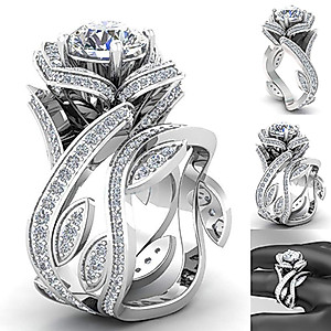 shiYsRL Exquisite Jewelry Ring Love Rings Women Romantic Gift Wedding Party Flower Leaf Shiny Zircon Knuckle Finger Ring Wedding Band Best Gifts for Love with Valentine's Day - White 7