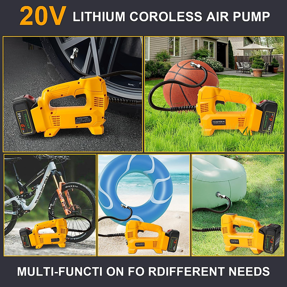 TENMOER Tire Inflator Air Compressor for Dewalt 20V Battery, 150PSI Portable Air Pump with Digital Pressure Gauge for Car,Motorcycle,Bicycle Balls (Too Only,No Battery)