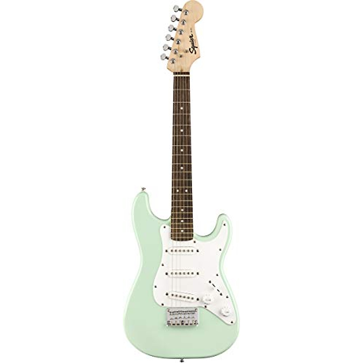 Fender Squier 3/4-Size Kids Mini Strat Electric Guitar - Surf Green Bundle with Amplifier, Instrument Cable, Tuner, Strap, Picks, Fender Play Online Lessons, and Austin Bazaar Instructional DVD