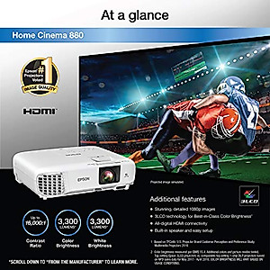 Epson Home Cinema 880 3-chip 3LCD 1080p Projector, 3300 lumens Color and White Brightness, Streaming and Home Theater, Built-in Speaker, Auto Picture Skew, 16,000:1 Contrast, HDMI 2.0, White (Renewed)