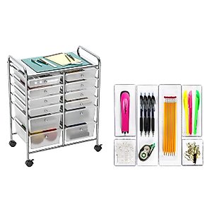 Simple Houseware 12 Drawers Rolling Storage Cart + 6-Pack Plastic Bin Organizer