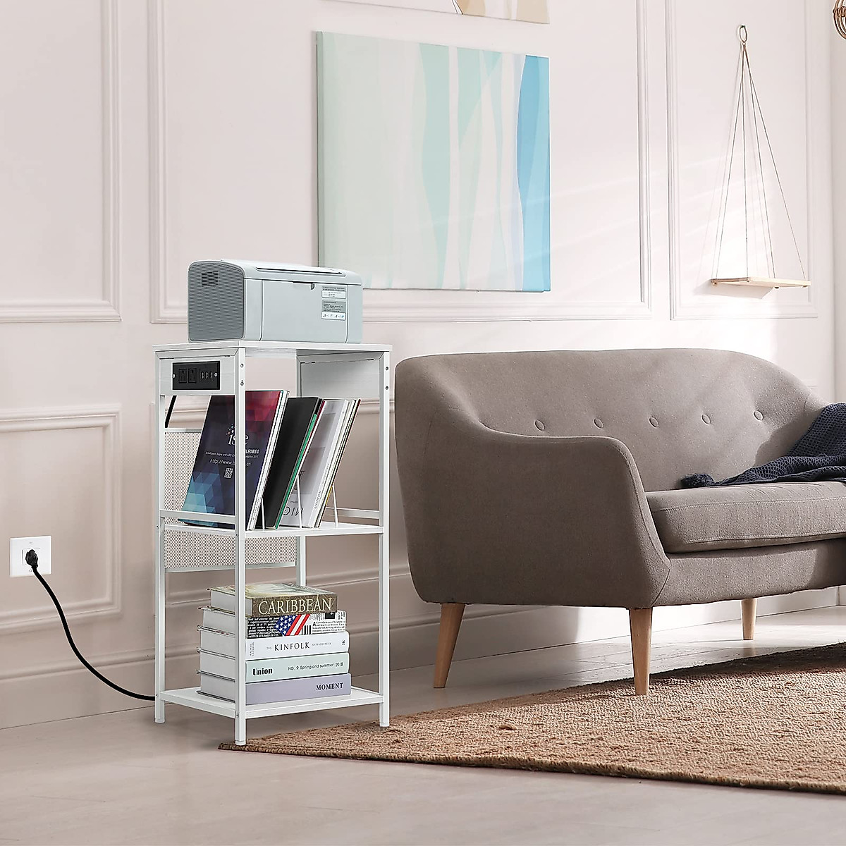 Record Player Stand, Turntable Stand with Power Outlet Side Table with Charging Station Vinyl Player Stand with Storage Record Player Table with Album Storage White for Living Room Bedroom