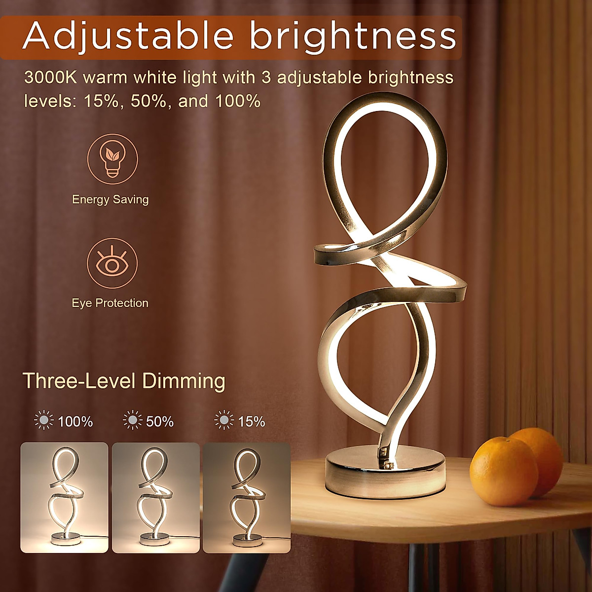 Mayful Modern Table Lamp, RGB Table Lamp，LED Spiral Lamp, Silver Bedside Lamp with 7 Colors 10 Light Modes, Touch Dimmable Nightstand Lamp for Bedroom Living Room Home Office, 15W