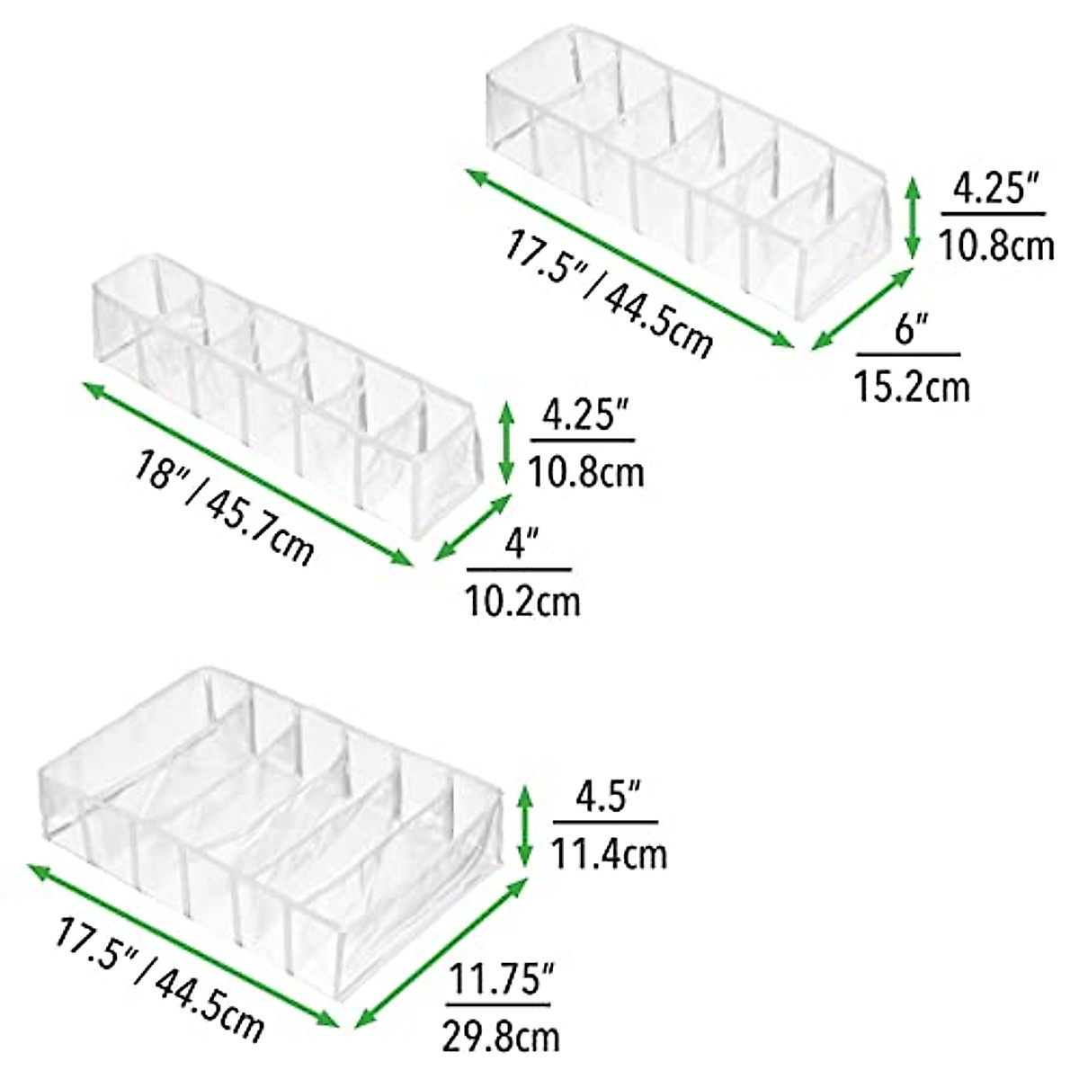 mDesign Rectangular Plastic Dresser Drawer Divider and Closet Storage Organizers for Lingerie, Bras, Socks, Underwear, Tights, Leggings, Scarves, Ties, Set of 3 - Clear/White