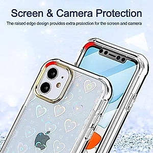 GAN Cheng Compatible with iPhone 11 Case 6.1" 2019 with Screen Protector, Shockproof TPU and Hard PC Cute Bling Glitter Sparkle Protective Case for Women & Girls - Clear Holographic Heart
