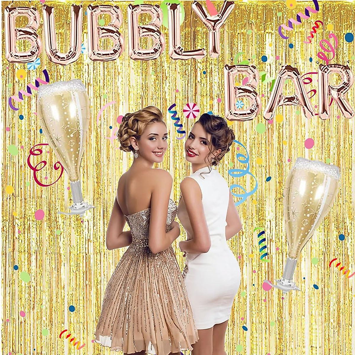 AnnoDeel 16inch BUBBLY BAR Letter Foil Balloons, Rose Gold Letter Balloons and 2pcs Champagne Glass Mylar Balloons for Bridal Shower Engagement Party Banner Wedding Graduation Party Supplies