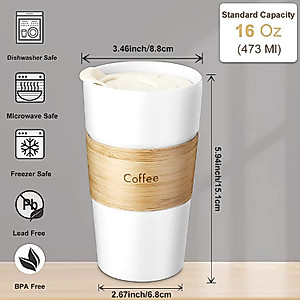 Kopmath Ceramic Travel Coffee Mug, 16 oz Travel Mug with Lid, Splash Proof, Anti-Scald Sleeve, Microwave Dishwasher Safe, Portable To Go Tumbler, Large Coffee Cup for Car Cup Holder, Gift