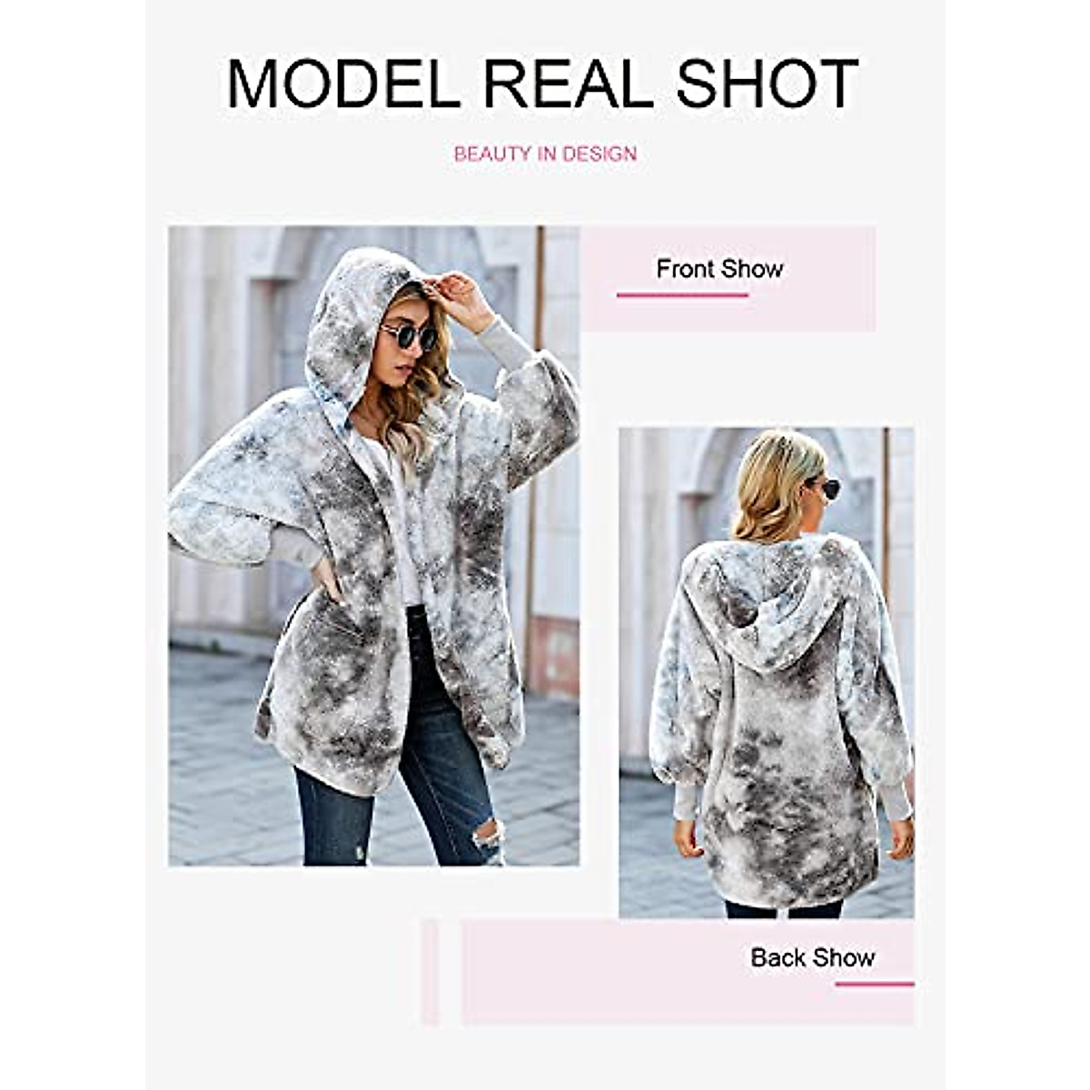 Dokotoo Womens Cozy Ladies Fashion 2023 Oversized Fuzzy Fluffy Fleece Winter Fall Soft Open Front Long Sleeve Fleece Hoodies Cardigans Sweaters Jackets Coat Outerwear Tie Dye Grey Medium