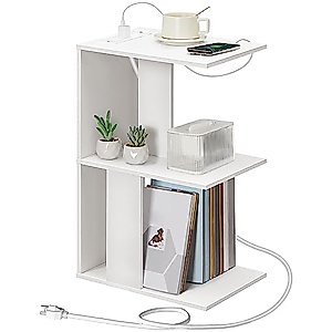 MAHANCRIS End Table with Charging Station, Narrow Side Table for Small Spaces, Sofa Couch Table with Storage Shelf, Slim Nightstand with Light, Beside Table for Bedroom, Living Room, White ETWT18E01Z