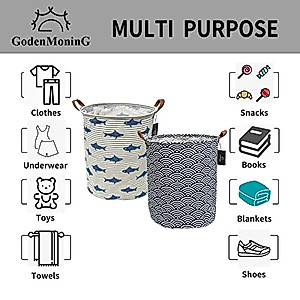 Collapsible Laundry Basket - GodenMoninG 2X 62.8L Large Sized Round Waterproof Storage Bin with Leather Handles,Home Decor,Toy Organizer,Children Nursery Hamper.（2 PACKS，Grey Striped Shark & Blue Wave）