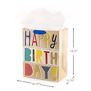 Hallmark Birthday Gift Bag Assortment (Pack of 3: 2 Large 13", 1 Small 6") White and Kraft, Balloons and Cake