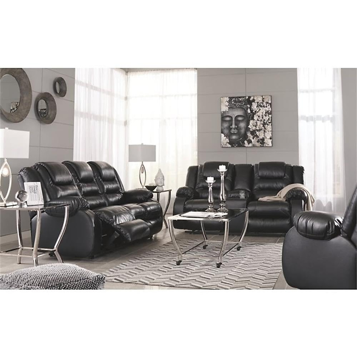 Signature Design by Ashley Vacherie Faux Leather Manual Pull-Tab Double Reclining Loveseat with Center Console, Black