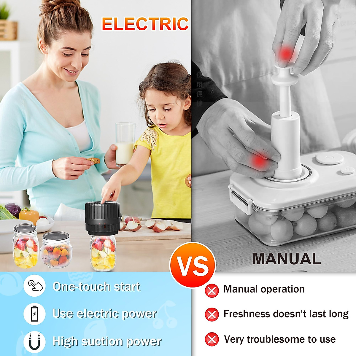 Electric Mason Jar Vacuum Sealer, JuJubak Food Vacuum Saver Sealer Machine, Vacuum Sealer Kit for Regular Mouth and Wide Mouth Regular Mouth Mason Jars Sealer with 12 Jar Lids