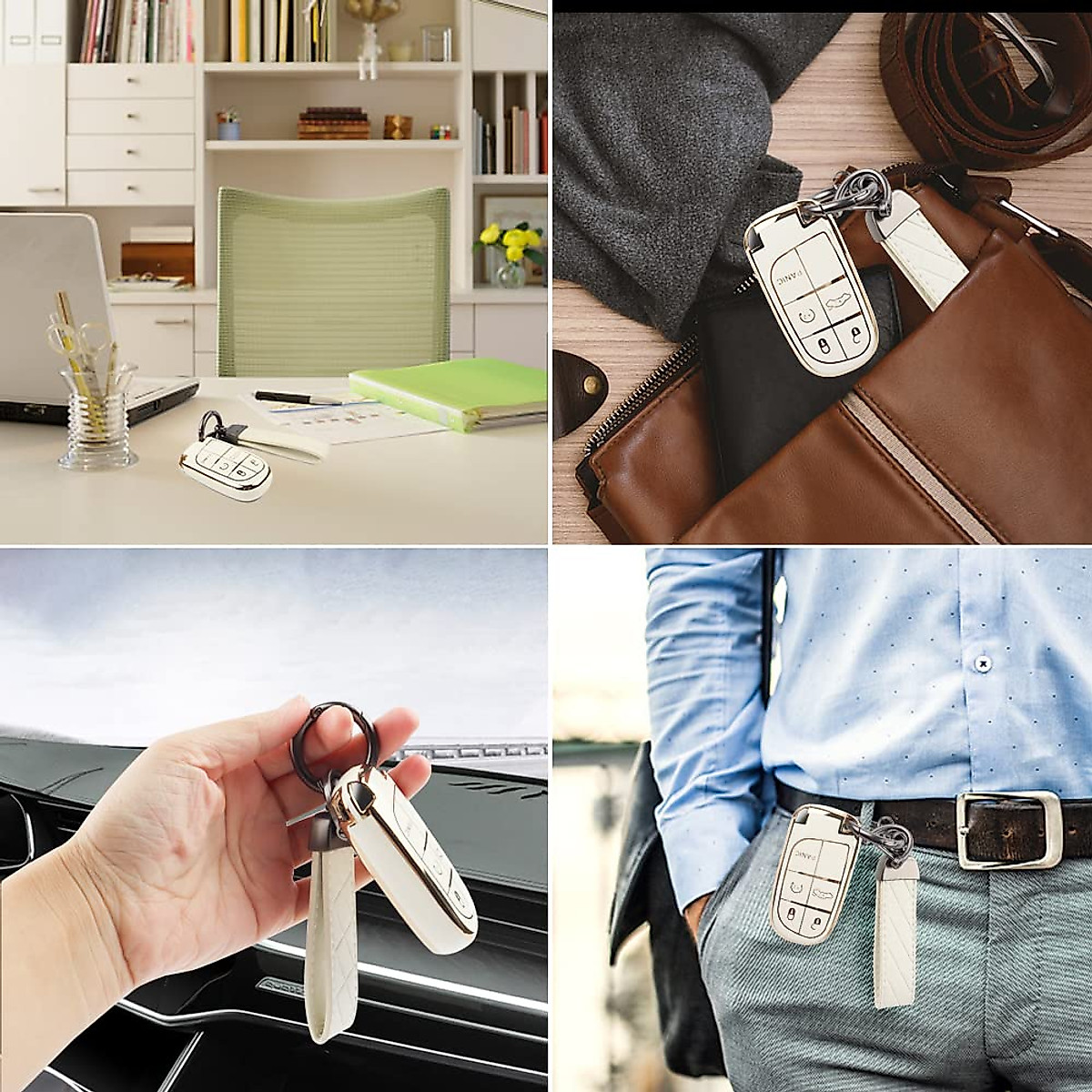 Compatible with Jeep Key Fob Cover with Keychain Grand Cherokee Renegade Chrysler Dodge RAM Journey Dart Fiat Smart Key 3 4 5 Buttons Holder - Premium Protection Car Key Case Shell, Anti-dust, White