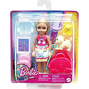 Barbie Chelsea Doll & 6 Accessories, Travel Set with Puppy, Pet Carrier & Backpack that Opens & Closes, Blonde Small Doll