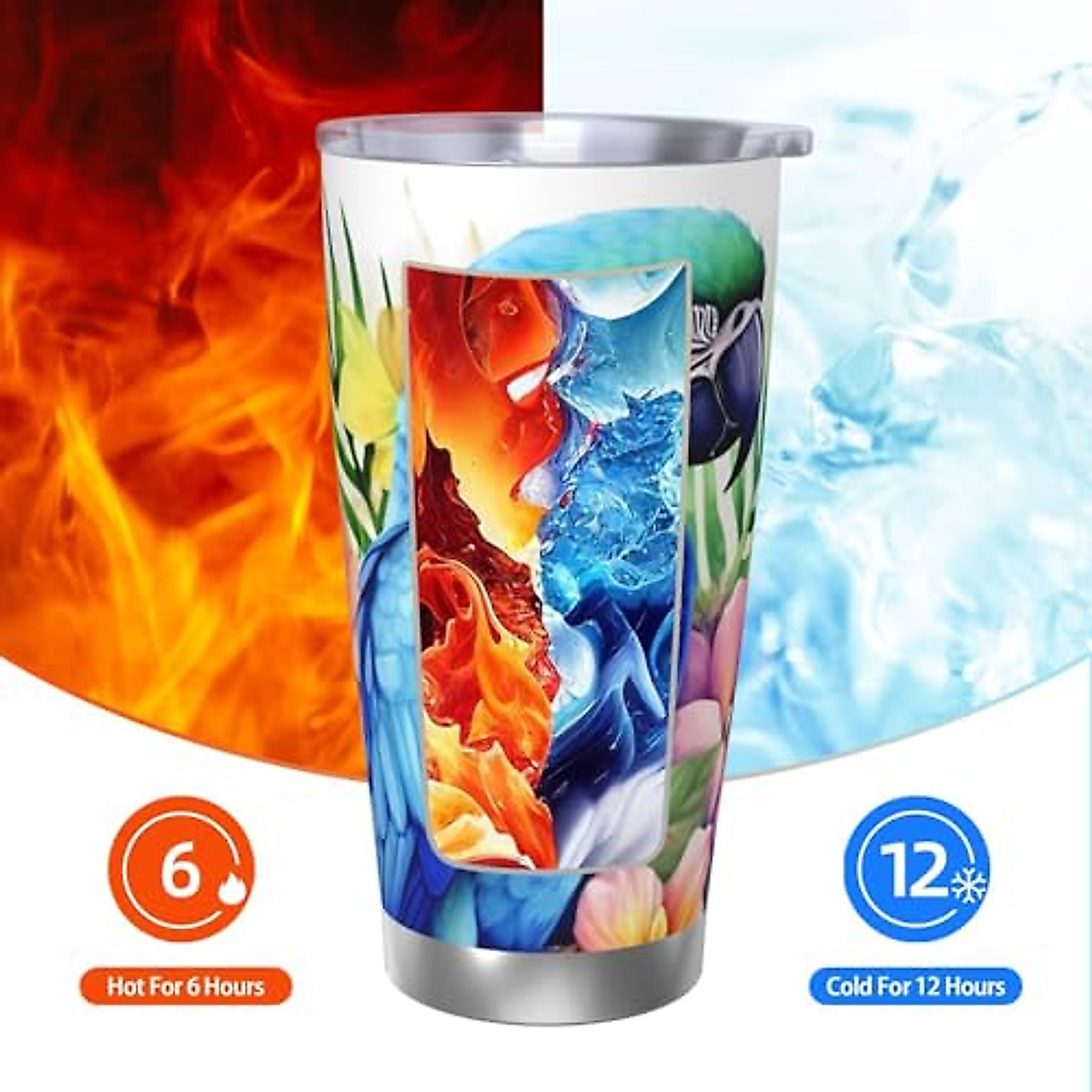 Blue Parrot in Flowers Tumbler with Lid and Straw 20oz Stainless Steel Car Cup for Hot and Cold Drinks, Double Wall Insulated Travel Coffee Mug Reusable Drink Thermos Cup Birthday Gifts