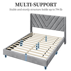 Yaheetech Queen Bed Frame Upholstered Platform Bed with Wing Side/Wooden Slat Support/Tufted Headboard with Wing Side/Mattress Foundation/No Box Spring Needed,Light Gray Queen Bed
