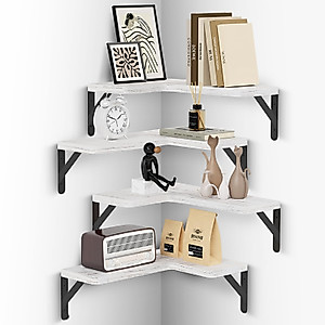 Muzilife Corner Floating Shelves Wooden Floating Shelve Set of 4, Wall Mounted for Storage, L-Shaped Shelves for Wall Decor Wall Organizer for Bedroom, Bathroom, Kitchen, Living Room and Office, White