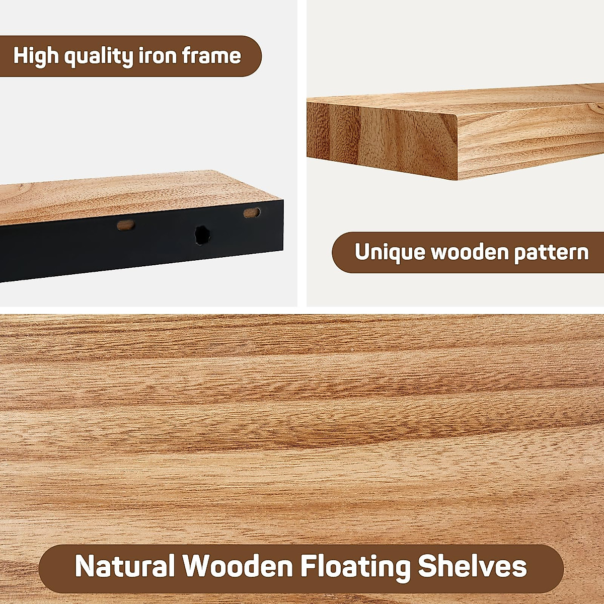 16.5in Floating Shelves, Natural Solid Wood Shelf Set of 2, Wall Shelves with Invisible Brackets, Rustic Wooden Wall Mounted Shelves for Bedroom/Living Room, Hold Up to 25lbs, Renter Friendly