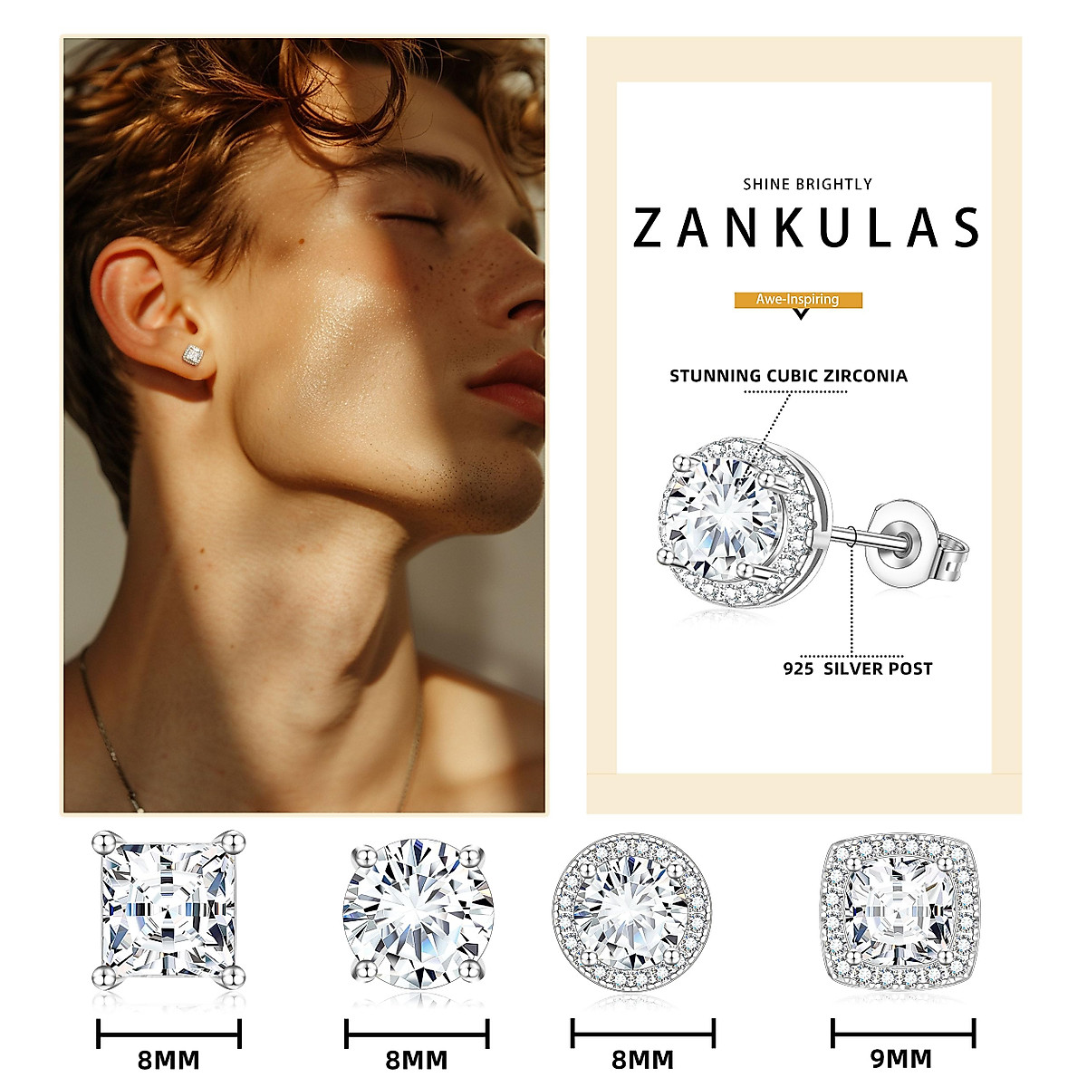 Zankulas Cubic Zirconia Stud Earrings for Women Mens Earrings Hypoallergenic Sterling Silver Post Square CZ Studs Set Silver