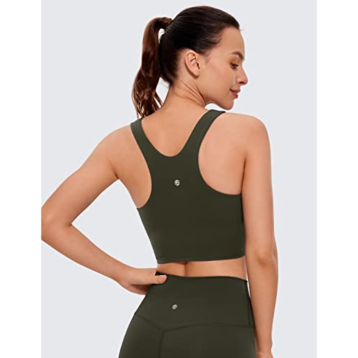 CRZ YOGA Butterluxe Womens Racerback High Neck Longline Sports Bra - Padded Workout Crop Tank Tops with Built in Shelf Bra Olive Green Medium